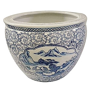 Oriental Furnishings Blue and White Porcelain Garden Pots Painted Landscape (12" W x 9" H/Inside Rim 9.25/Base 8.5)