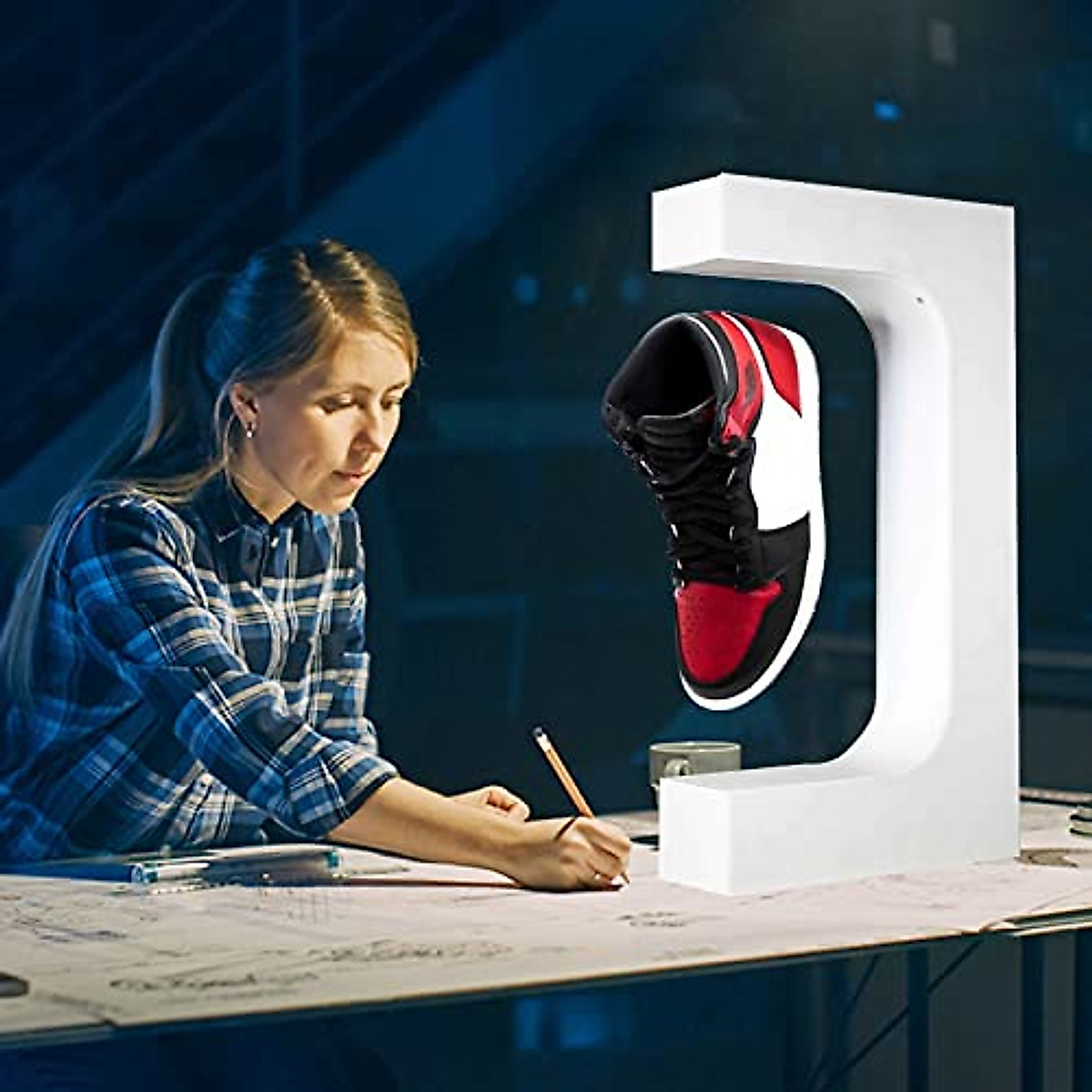 FloatGo Levitating Sneaker Display Magnetic Floating Shoe Stand Magnet Levitation Acrylic Holder Rotation Shelf Spinning Shoe Rack with LED Light Fit Yeezys for Gift Decoration (White)