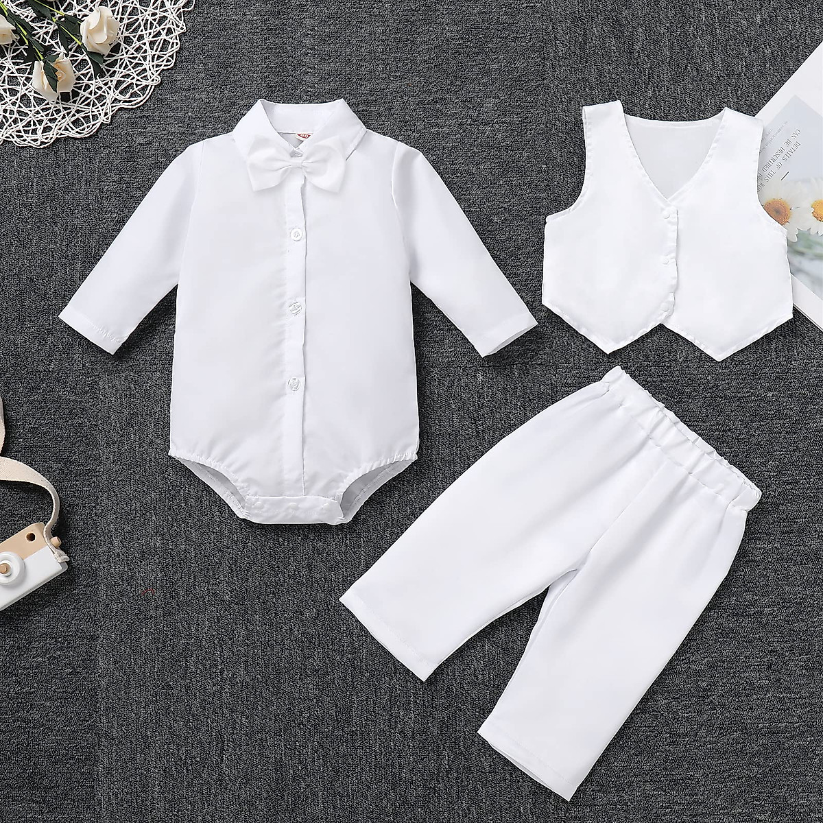 Baptism Outfits for Boys Baby Christening Outfit Gentleman Suit Dedication White Dress Shirt Romper Bowtie Waistcoat Vest Pants Newborn Baptismal Fall Winter Wedding Tuxedo Formal Easter 0-6 Months