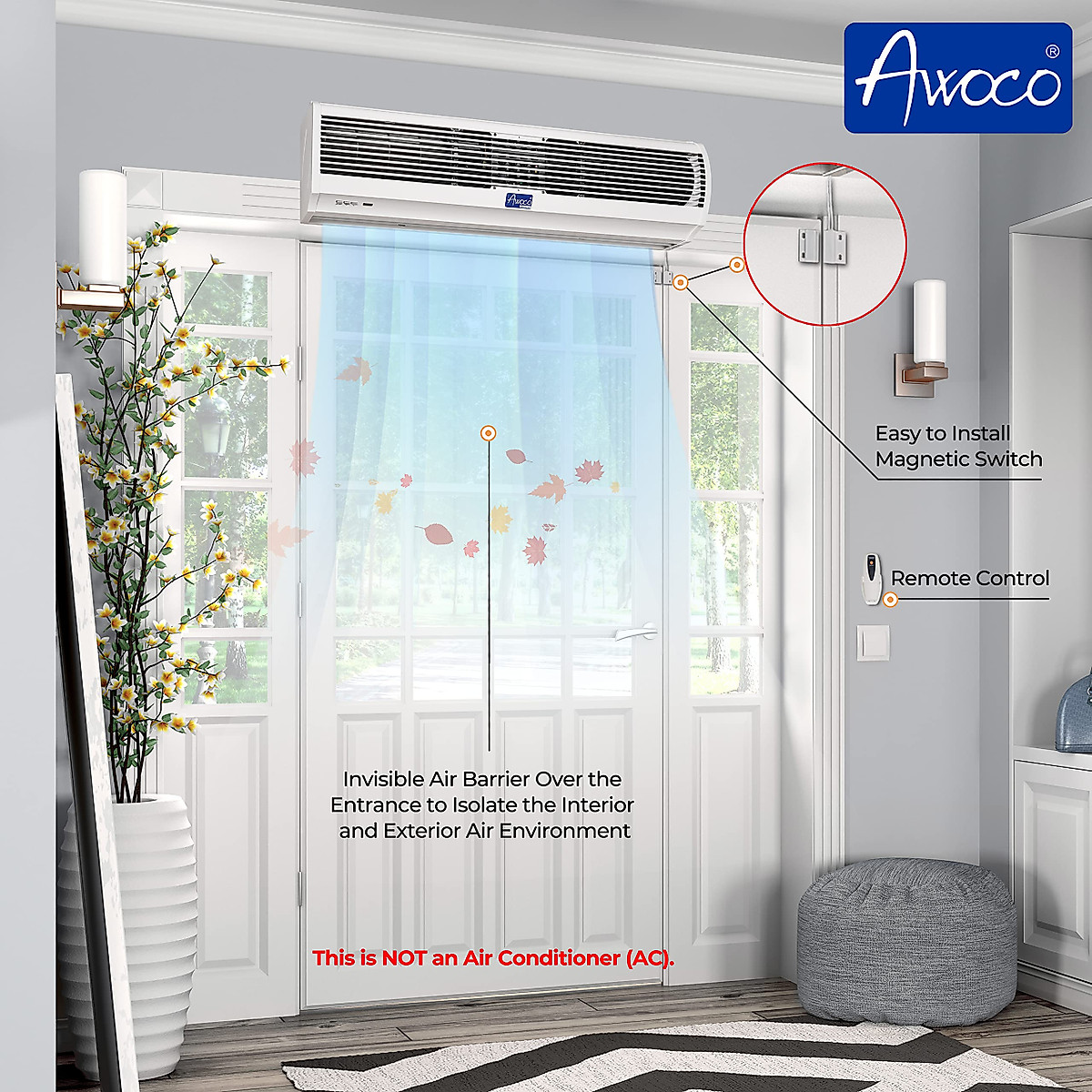 Awoco 36" FM-1209T 1100 CFM Slim Indoor Air Curtain, CE Certified, 120V Unheated with Remote Control and Magnetic Switch, Powerful, Quiet, Small Body, Light Weight