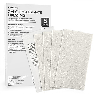 LotFancy Calcium Alginate Wound Dressing Pads, 4” x 8” Patches, 5-Count, Non-Stick Padding, Highly Absorbent, Comfortable, Flexible, Gentle on The Skin, Sterile, Faster Healing