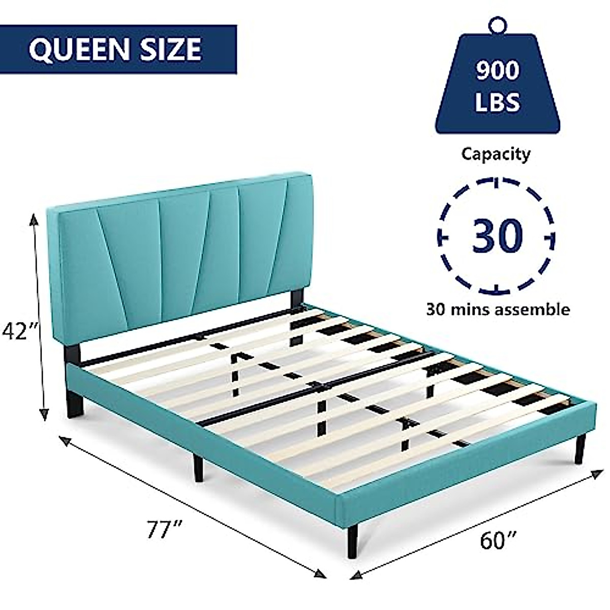 Molblly Queen Bed Frame Upholstered Platform with Headboard and Strong Wooden Slats, Strong Weight Capacity, Non-Slip and Noise-Free,No Box Spring Needed, Easy Assembly,Peacock Green