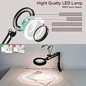 Magnifying Glass with Light and Clamp, 5X & 10X Magnifying Lens Desk Lamp with Gooseneck Arms, 3 Color Modes, 108 pcs LED Beads, LED Lighted Magnifier with Light for Hobby Crafts Repair Close Works