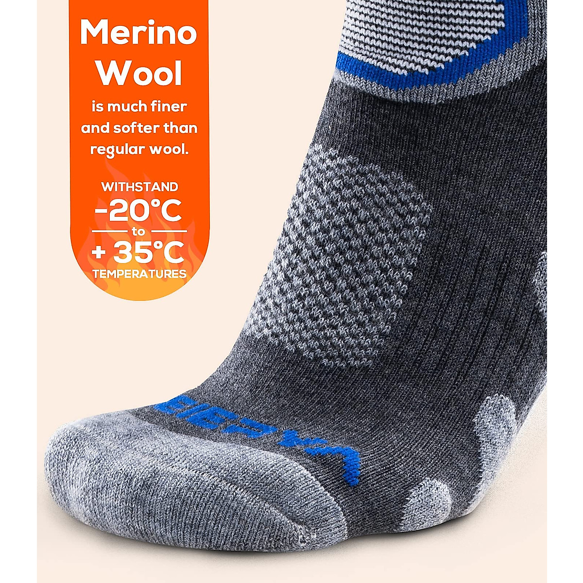 WEIERYA Merino Wool Ski Socks 2 Pairs Pack for Skiing, Snowboarding, Outdoor Sports Performance Socks Grey 2 Pairs L