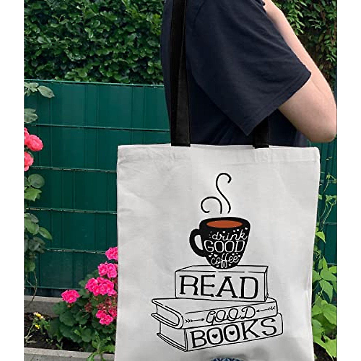 XIKAINUO Drink Good Coffee Read Good Books Cotton Canvas Tote Bag with Interior Pocket, Travel Shopping Shoulder Bag Birthday Christmas Gifts for Readers, Coffee Lovers, Bookworm, Teens