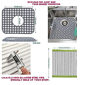 Kitchen Sink Silicone Protector Mat: 2 PCS Sink Mats 1 Drying Rack for Center Drain, Folding Non-slip Support Grid Sink Mat for Bottom of Stainless Steel Porcelain Sink Protectors Mat 13.8'' x 11.8''