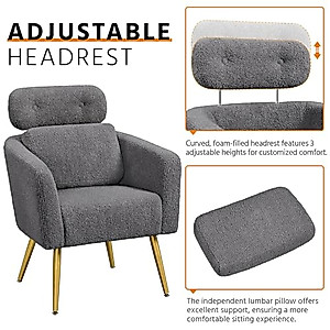 Yaheetech Accent Chair, Cozy Living Room Chair Adjustable Headrest, Boucle Vanity Chair Lumbar Pillow Golden Legs, Modern Armchair Bedroom, Dark Gray