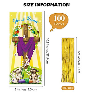 Fovths 100 Pack Easter Treat Bags Plastic Easter Candy Bags, Inspiring He is Risen Sign Clear Cellophane Candy Treat Bags with 100 Piece Gold Twist Ties for Easter Theme Bible School Party Favors