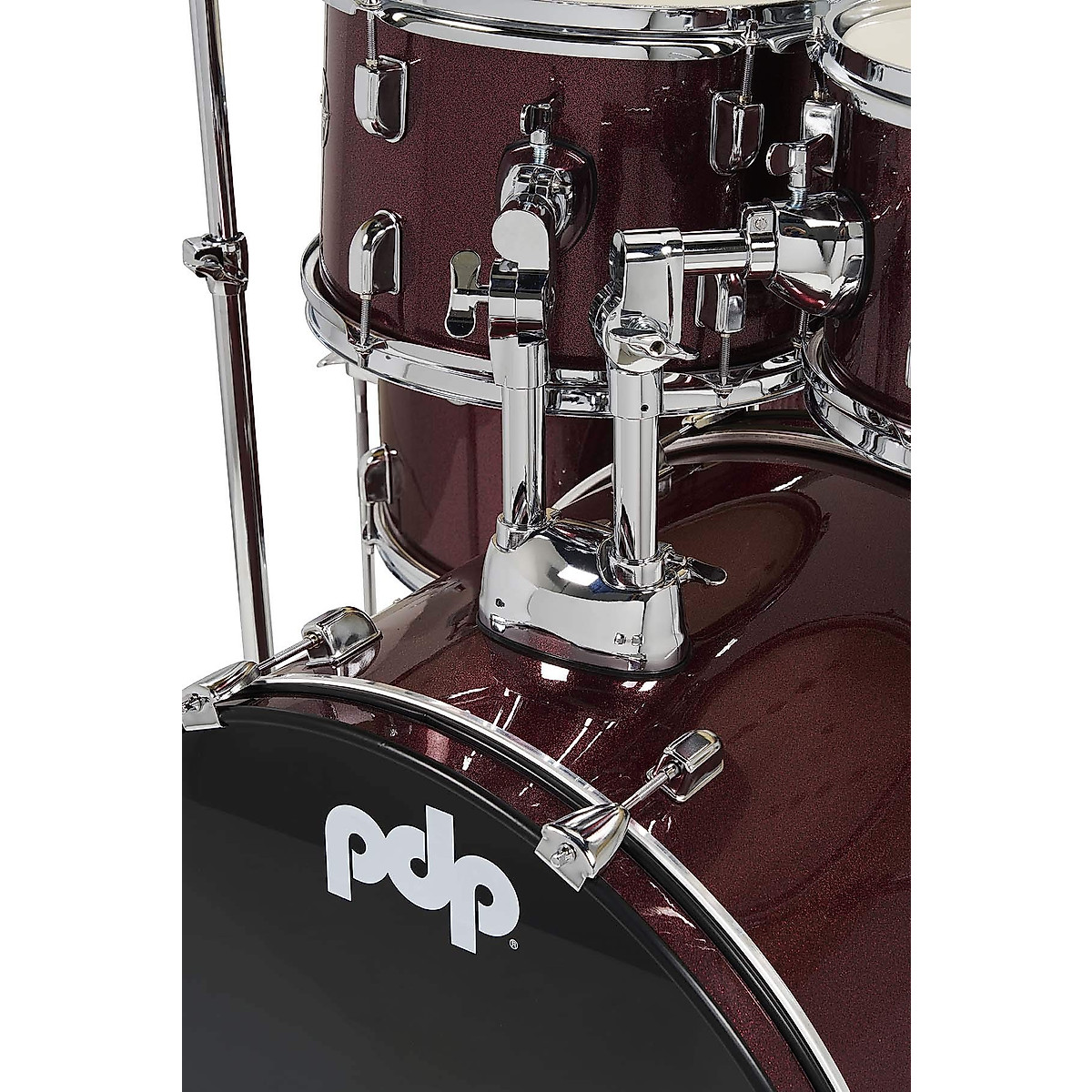 Pacific Drums Center Stage Complete Drumkit, 5 Drum Set, Ruby Red Sparkle, 7x10, 8x12, 14x16 Floor, 16x22 Kick, 5x14 Snare (PDCE2215KTRR)
