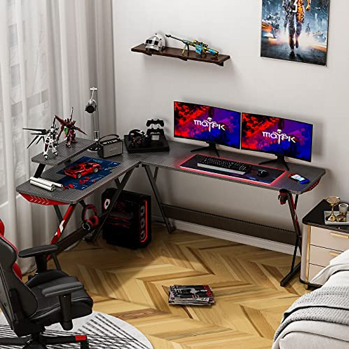 MOTPK L Shaped Gaming Desk 66 Inch, Gaming Computer Desk L Shape with Carbon Fiber Surface, Gamer Desk Gaming Table with Monitor Shelf, Cup Holder & Headphone Hook, Black