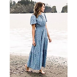 PRETTYGARDEN Women's Summer Casual Short Flutter Sleeve Round Neck Smocked Waist Tiered Boho Floral Flowy Maxi Dress(Small, Leaves Sky Blue)