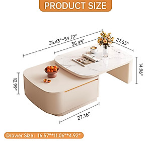 GraceNook Extended Oval Coffee Table with 2 Pu Leather Stools Set, Length Extend from 35"- 54", Nesting Coffee Table 3 Sets with Faux Marble Surface, Center Table with 2 Drawers for Living Room