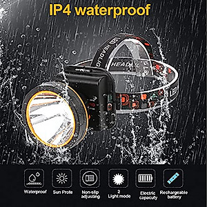 Aikertec LED Rechargeable Headlamp, 90000 High Lumen Super Bright Headlamp Flashlight, 2 Mode, Waterproof, 90°Angle Adjustable Headlamp Battery Powered for Outdoor Camping, Fishing, Hunting, Running