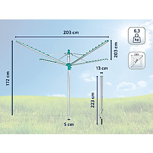Leifheit Linomatic 500 Easy Dryer 50m Retract to Stay Clean, All Rust-Free Aluminium, 3.28m Turning Diameter, Longest Length 2.03m Pull-Open, Rotary Clothes line Airer, Turquoise, Large
