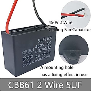 CBB61 Ceiling Fan Capacitor 2 Wire 5uf Compatible with 400/350/300/250VAC Fan Capacitor 50/60Hz CBB61-5（2 Pack）
