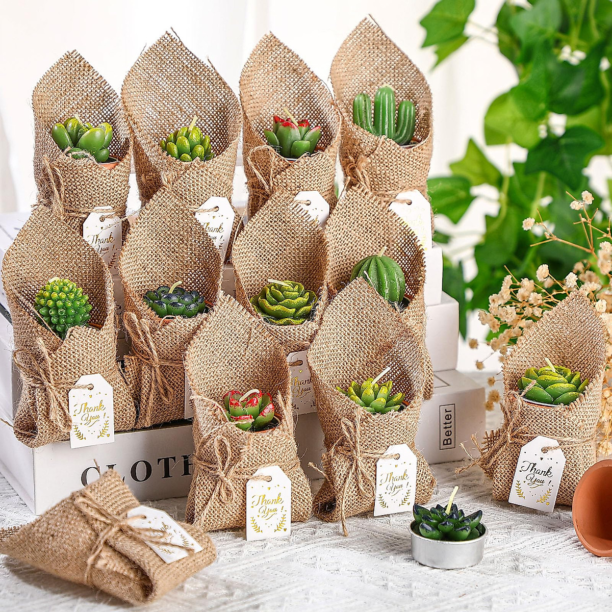 MTLEE 12 Sets Succulent Cactus Tealight Candles with Mini Terracotta Pots Natural Burlap Bags Thank You Tag and Ropes, Baby Shower Plant Candles, Handmade Plant Candles Gift for Birthday and Wedding