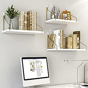 aopow White Floating Shelves for Wall - Set of 3 Hanging Wood Shelf & Wall Mounted Long Wide Deep Rustic Wooden Shelves with Gold Metal Brackets Modern for Bedroom Bathroom Living Room