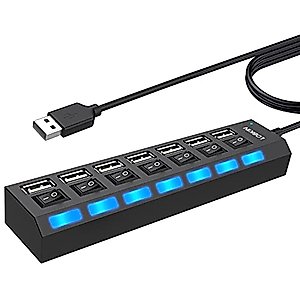 USB Hub Multi Port Splitter - LOBKIN 7 Port Data Hub USB 2.0 with Individual On/Off Switch and LED Lights Portable Desktop USB Hub Extender Ports for Laptop Computer PC MacBook