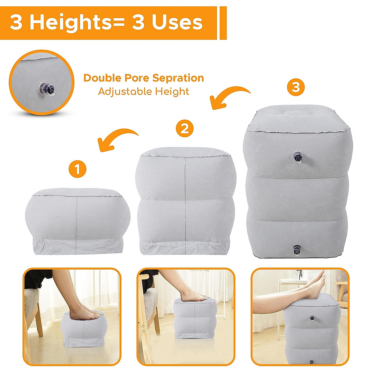 ENIE Pack of 2 Inflatable Foot Rest for Air Travel - Adjustable Three Layers Travel Airplane Foot Rest with Hand Pump - Adjustable Inflatable Toddler Airplane Bed, Footrest Pillow (Lightgrey)