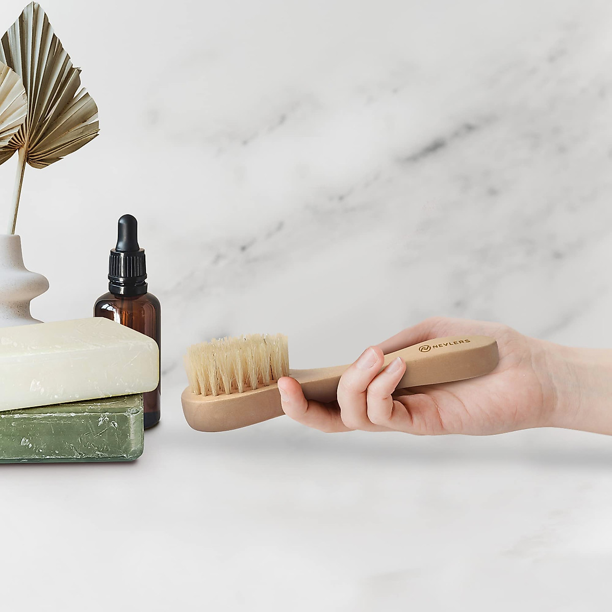 Nevlers Natural Boar Bristle Dry Body Brush Set | Detachable Massage Dry Brushing Body Brush | Long Wooden Handled Exfoliating Body Scrubber, Shower Brush for Body, Dry Brush Face Brush Exfoliator