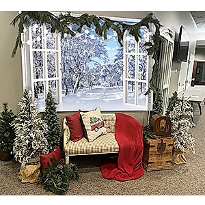 BINQOO 7x5ft Winter Landscape Window Photography Backdrop Christmas Snow Trees Scenery Background Baby Shower Kids Birthday Party Portrait Photo Studio Props