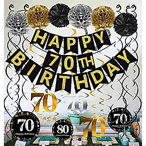 Famoby Black & Gold Glittery Happy 70th Birthday Banner,Poms,Sparkling 70 Hanging Swirls Kit for 70th Birthday Party 70th Anniversary Decorations Supplies