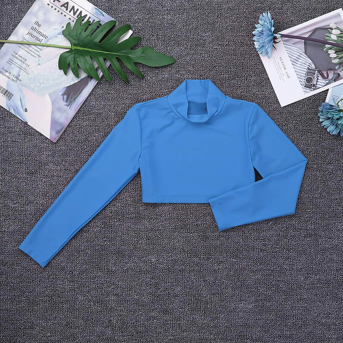 ranrann Kids Girls Long Sleeves Athletic Crop Top Mock Neck Yoga Active Sports Gymnastic Ballet Dance Dancewear Light_Blue 10