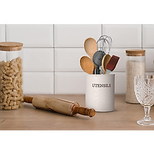 KooK Large Utensil Crock for Kitchen Counter, Ceramic Utensil Holder, Heavy & Stable Caddy, Farmhouse Decor, Matte Speckled Stoneware, Cream, 6 inch, Dishwasher Safe