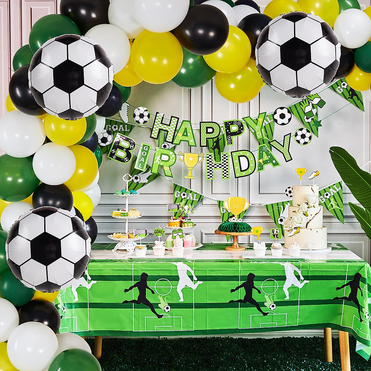 Homarkable Soccer Party Decorations, 91 Pcs Soccer Birthday Decorations Party Supplies with 24 Pcs Soccer Cake Toppers, Soccer Balloons, Tablecloth (84” x 55’) Happy Birthday Banner and Centerpiece