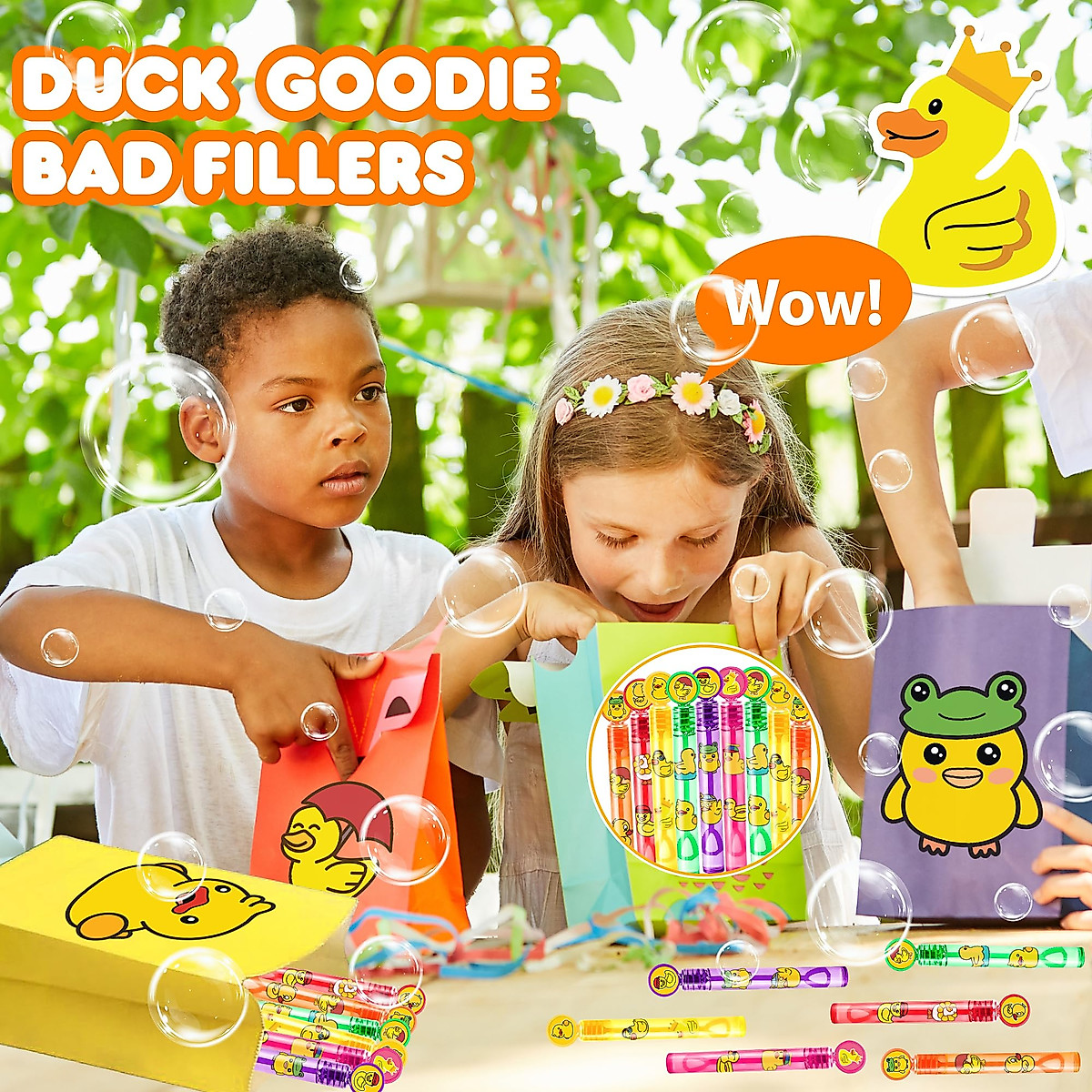 60PCS Duck Party Favors 12PCS DIY Bubble Wands 48PCS Stickers for Goodie Bag Fillers Pinata Stuffers, Mini Bubble Bulk Birthday Party Supplies Gifts Class Prizes for Toddlers Boys Girls