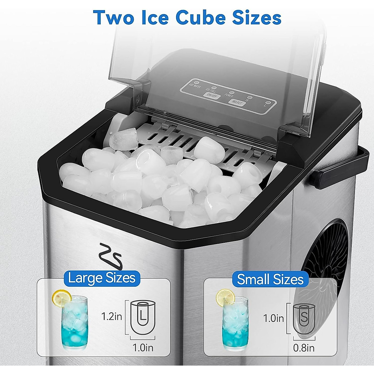 Zstar Ice Maker Countertop with Bullet Ice, 26Lbs/Day, Stainless Steel Portable Ice Machine w/Ice Scoop, 45lb Quiet Design, Self-Cleaning Function and Timer Function for Kitchen Office Home Cafe Bar