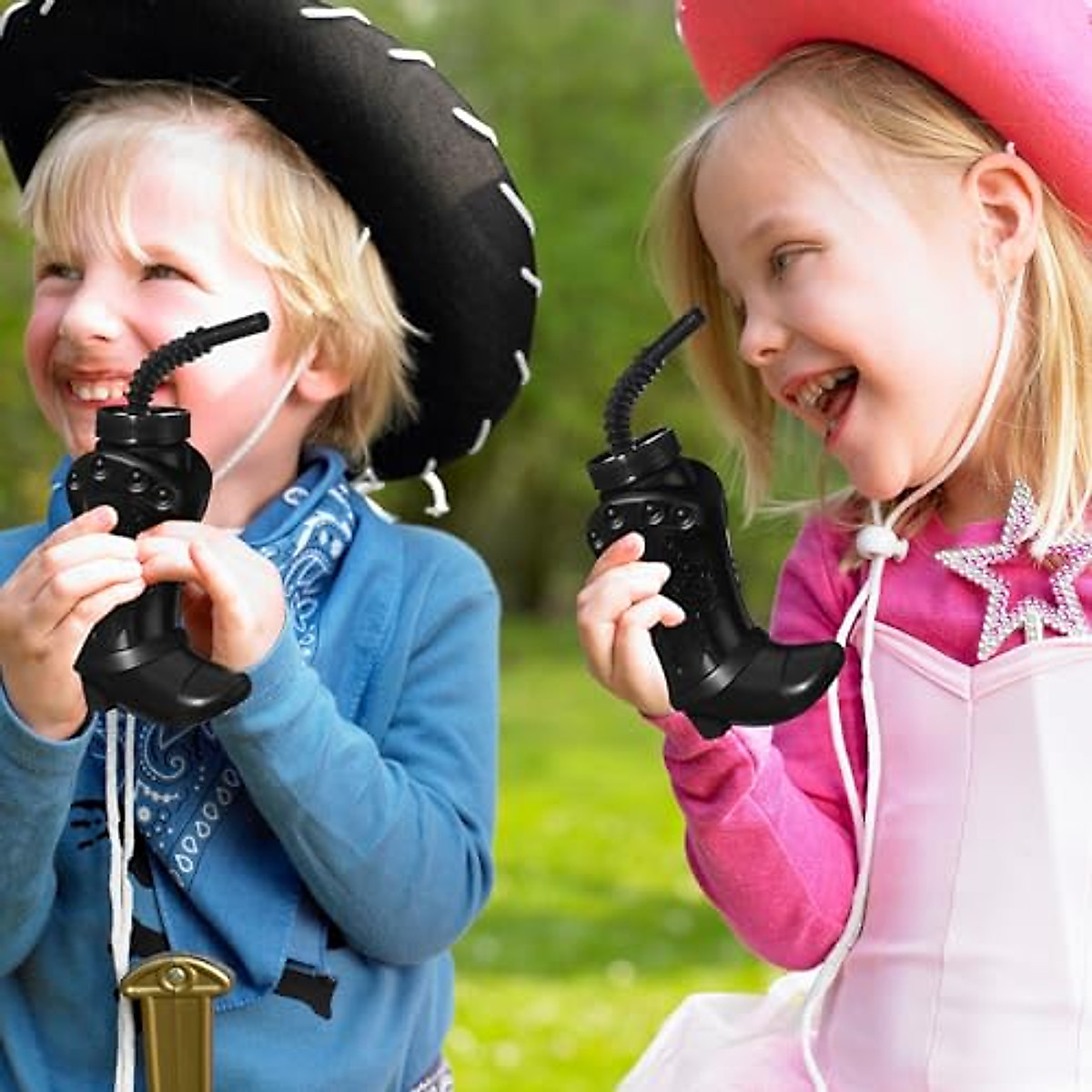 Hoolerry 12 Pcs 10 oz Plastic Cowboy Boot Cups with Straws and Lids Plastic Cowboy Cups for Western Themed Party Supplies and Rodeo Party Decorations (Black)