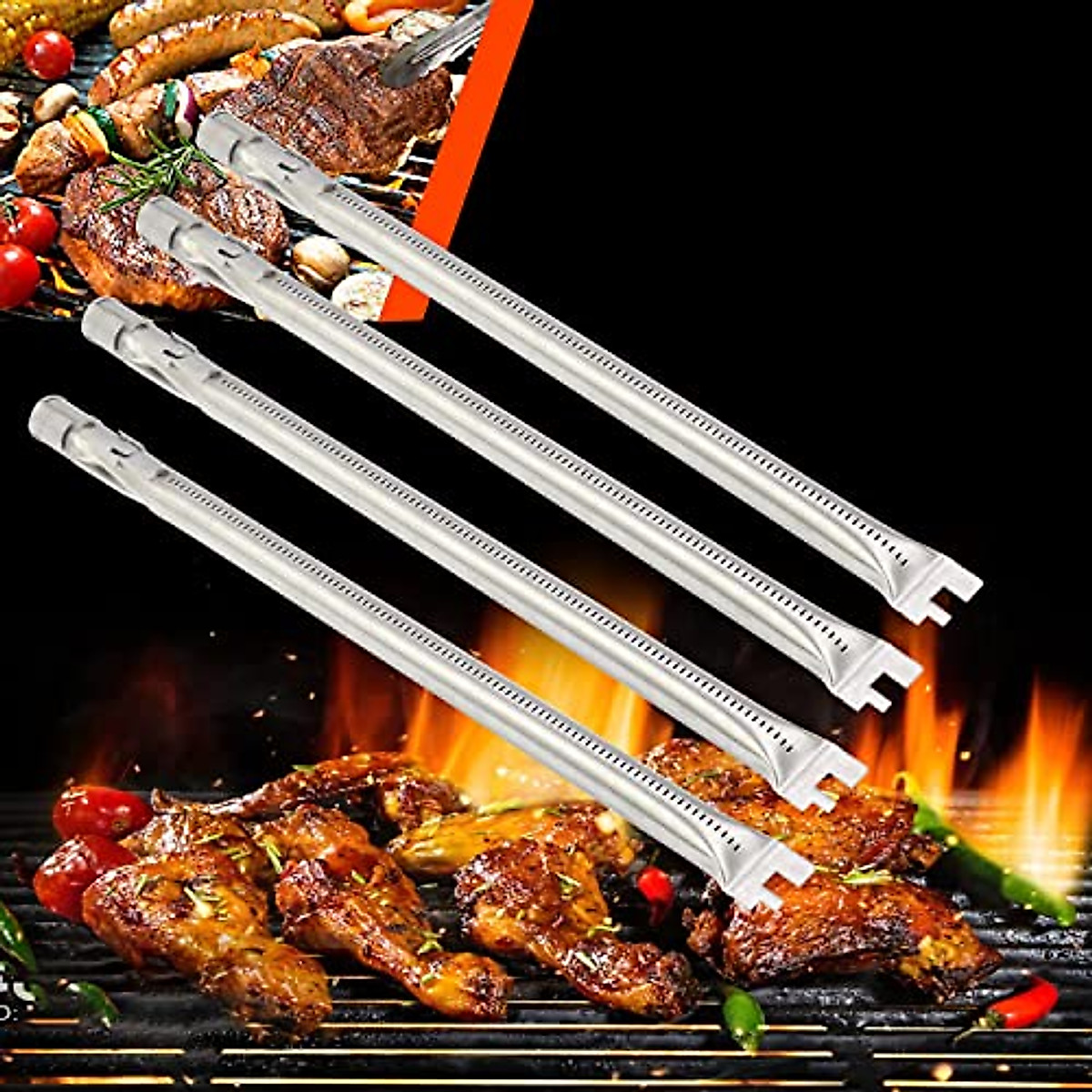 BTCDR 62752 4 Pack 19.5" Grill Burner for Weber Genesis 300 Series E310 E320 E330 S310 S320 S330 EP310 EP320 EP330 Gas Grills with Front Control Panel Grill Pipe Tubes Burner, Stainless Steel