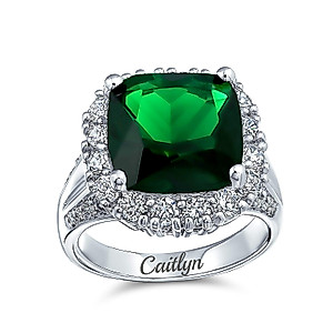 Personalize Large Fashion Solitaire AAA Cubic Zirconia Pave CZ Cushion Cut Simulated Emerald Green Vintage Art Deco Style 7CTW Cocktail Statement Ring For Women Silver Plated Customizable
