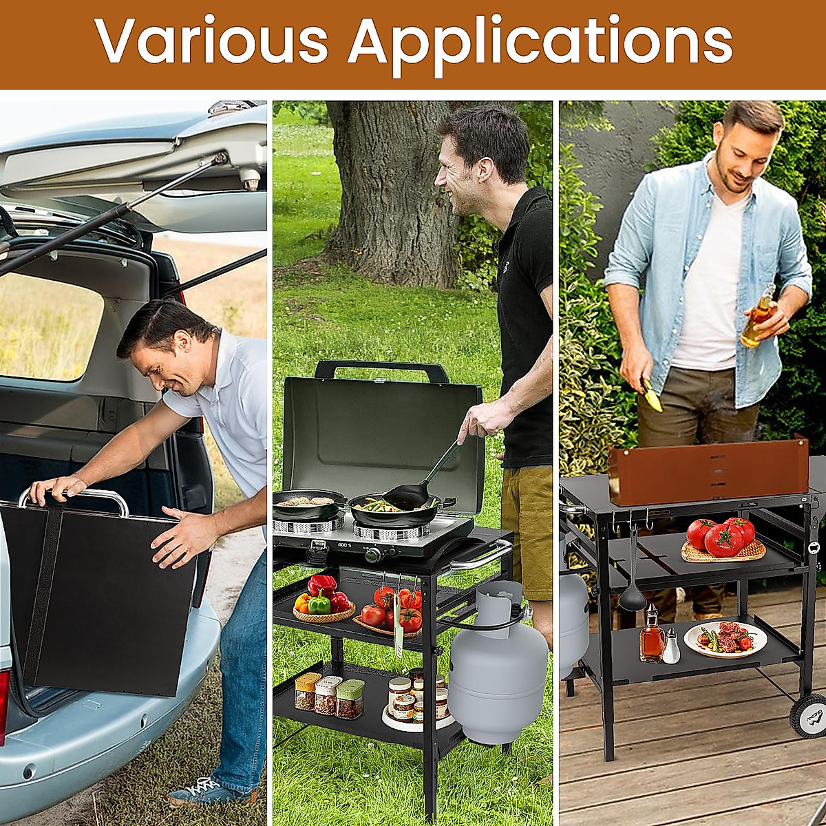 CEED4U Folding Grill Cart Table with Three-Shelf, 40" x 20" Movable BBQ Cart Sturdy, Height-Adjustable, Spacious Tabletop Grill Stand Dining Cart Table for Car Tailgating, Camping, Party