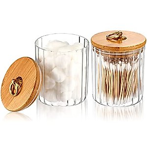 Irenare 2 Pack Glass Jars with Bamboo Lids Apothecary Jars for Bathroom Decor Swab Cotton Ball Holder Vanity Bathroom Canisters Clear Vintage Cotton Pad Bathroom Container Organizer