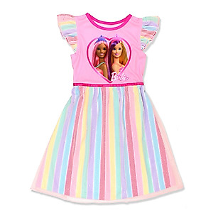 Barbie Girl's Rainbow Dress Up Fantasy Gown Nightgown Pajamas (6, Pink)