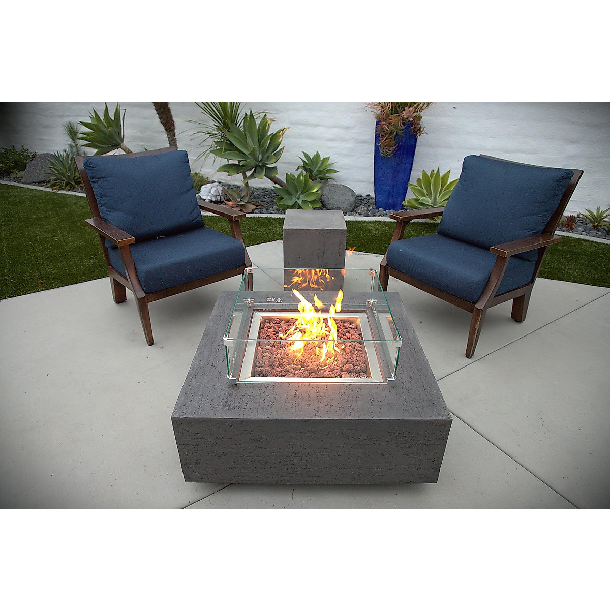 AMS Creations | Albany Square Natural Gas Outdoor Fire Pit Table | Concrete GFRC Fire Pit Table | with SS Burner, Canvas Cover, SS Lid, Lava Rock, and Wind Guard Included (Fuel Type: Natural Gas)
