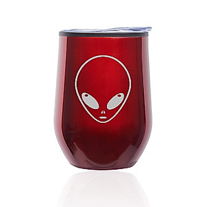 Stemless Wine Tumbler Coffee Travel Mug Glass with Lid Alien Head (Red)