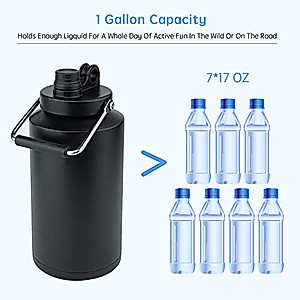 Kerilyn Insulated Gallon Jug with Handle, One Gallon, 128oz Stainless Steel, Large Double Vacuum Water Bottle for Hot & Cold Drinks, Wide Mouth, Sweat Proof, Great for Travel, Hiking & Camping, Black