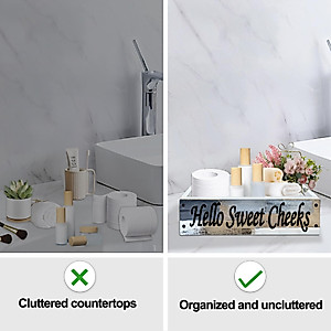 Lnond Rustic Bathroom Decor Box, Bathroom Toilet Tank Tray Storage Basket, Hello Sweet Cheeks Bathroom Wooden Toilet Paper Basket with Handle (Blue and Brown)