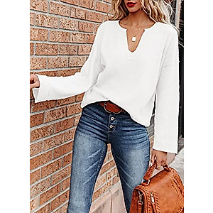 Women's V Neck Long Sleeve Pullover Sweater Causal Ribbed Knit Henley Shirts Tops White