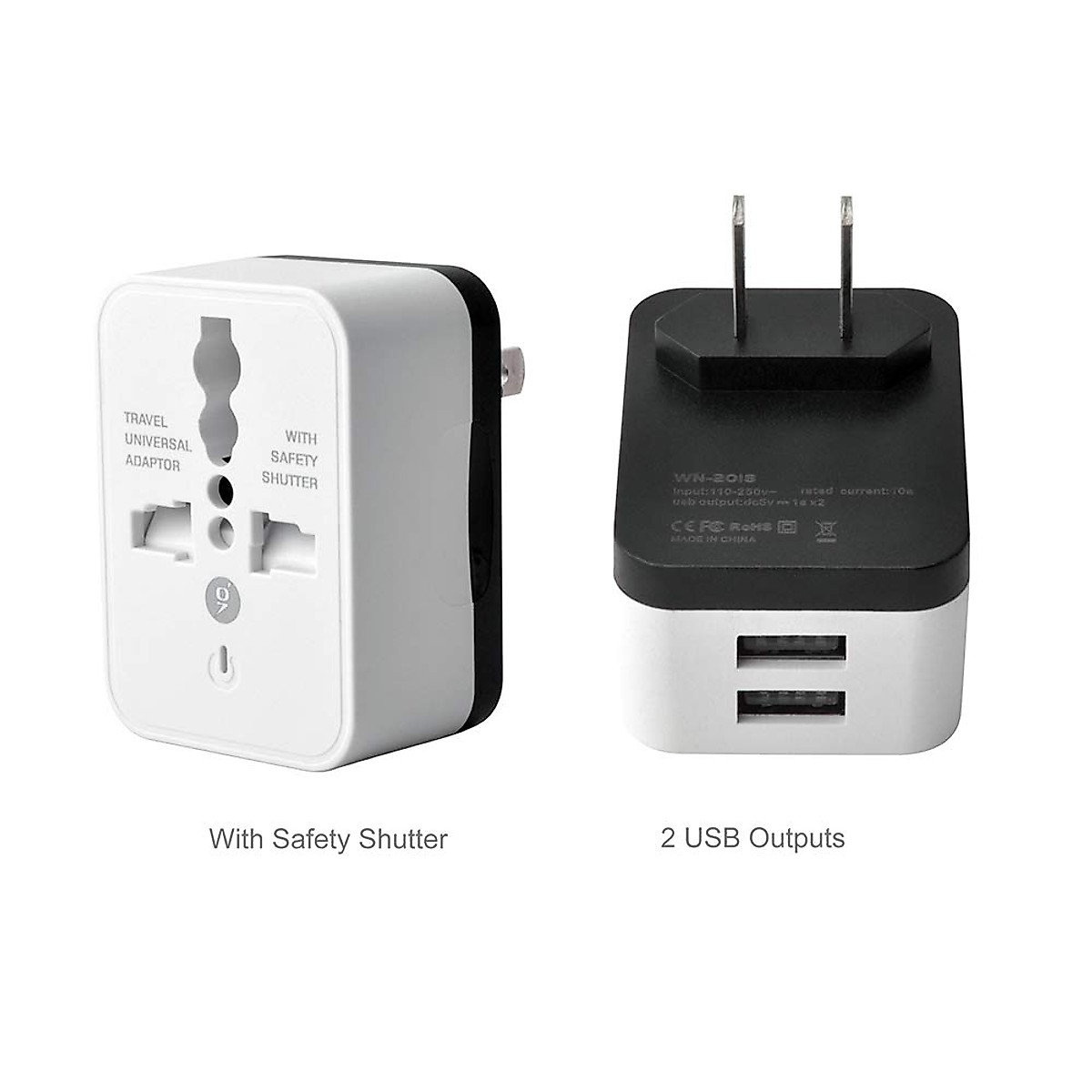 Universal Power Travel Plug Adapter Converting from EU/UK/CN/AU/JP to US (2 USB Ports)