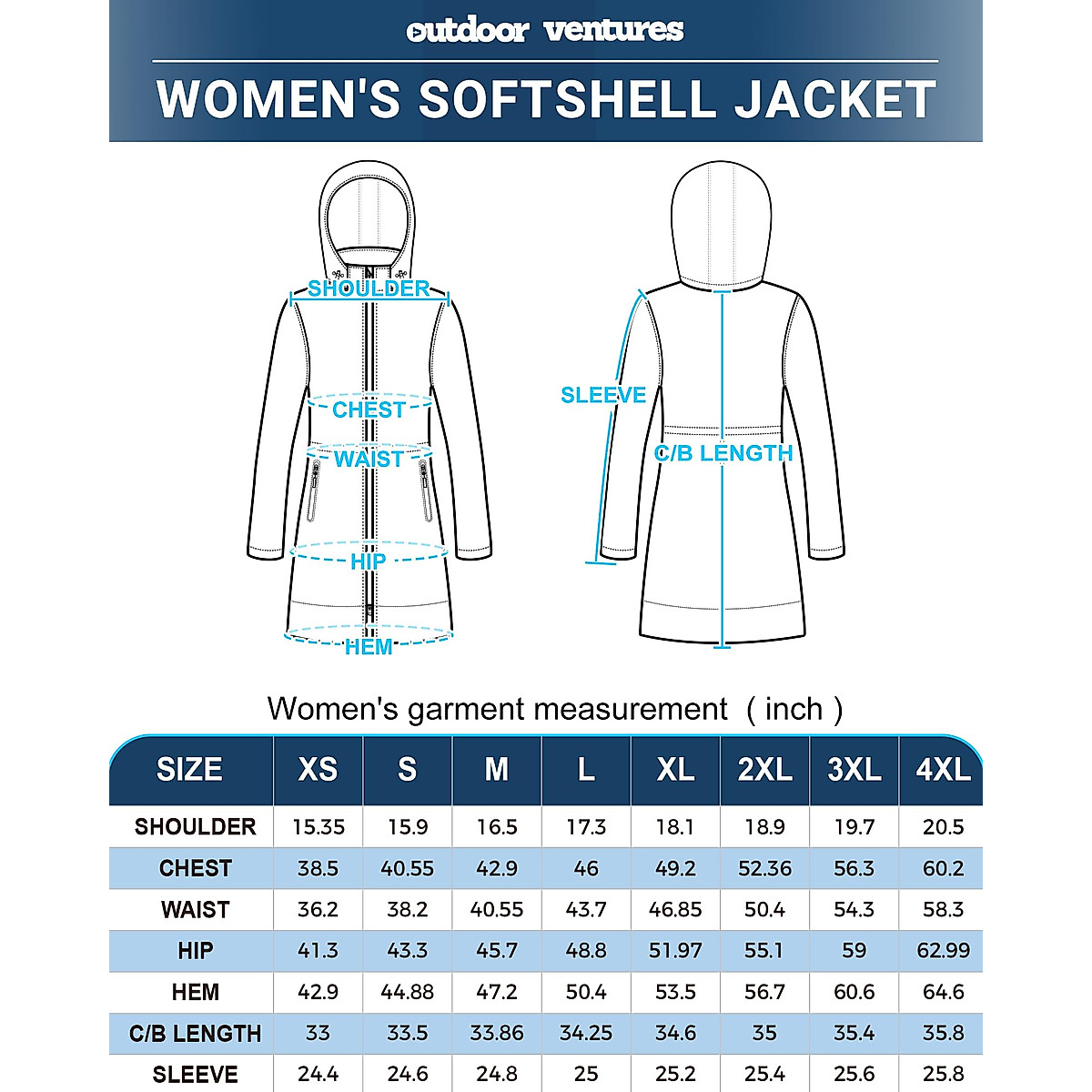 Outdoor Ventures Women's Softshell Jacket with Removable Hood Fleece Lined Windbreaker Insulated Long Warm Rain Jacket