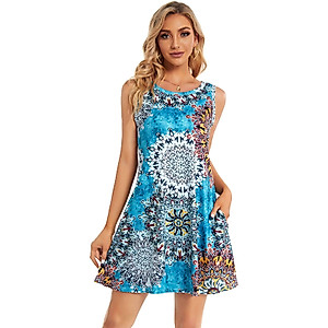 Boho Tshirt Dresses for Women Beach Casual Sleeveless Floral Shift Pockets Swing Loose (L,Bohemian Light Blue)