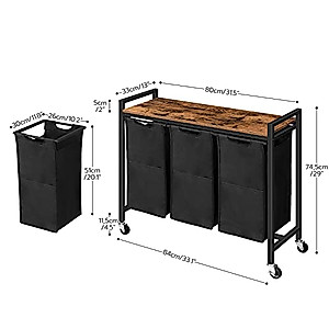 HOOBRO Laundry Hamper, Laundry Sorter 3 Section, Laundry Basket with Wheels, 3 × 10.5 Gal (39.8L), Rolling Cart, Pull-Out and Removable Oxford Fabric Laundry Bags, Rustic Brown and Black BF38XY01G1