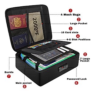 ENGPOW Fireproof Document Organizer Box with Lock,Collapsible Hard File Storage Box,Multi-Layer Waterproof Portable Travel Home Filing Storage Fireproof Safe for Important File,Cash,Letter/Legal Size