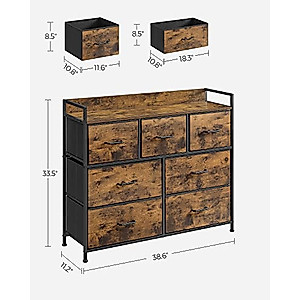 SONGMICS Dresser for Bedroom, Chest of Drawers, 7 Fabric Drawers with Handles, Rustic Brown and Black ULTS137B01
