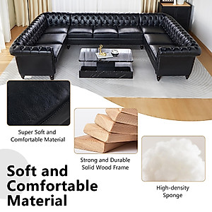 QHITTY U-Shaped Sofa, Sectional Chesterfield Leather Faux Couch 9-Seater Upholstered Large Accent Tufted Sofa with Rolled Armrest and Nailhead Design for Living Room, Apartment, Office (Black)