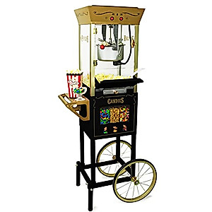 Nostalgia Popcorn Maker Professional Cart, 8 Oz Kettle Makes Up to 32 Cups, Vintage Movie Theater Popcorn Machine with Three Candy Dispensers and Interior Light, Measuring Spoons and Scoop, Black